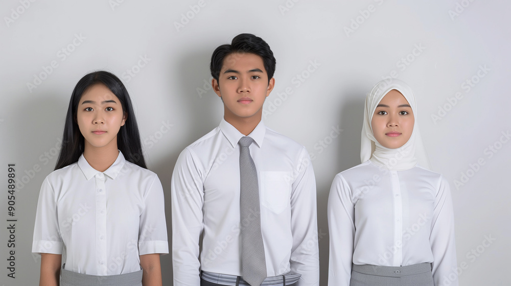 indonesian student wearing high school outfit, male and female hijab, school uniform, three ...