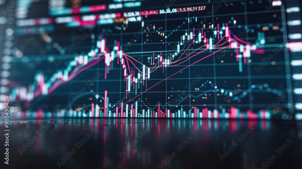A financial chart with detailed stock graphs, depicting various trends ...