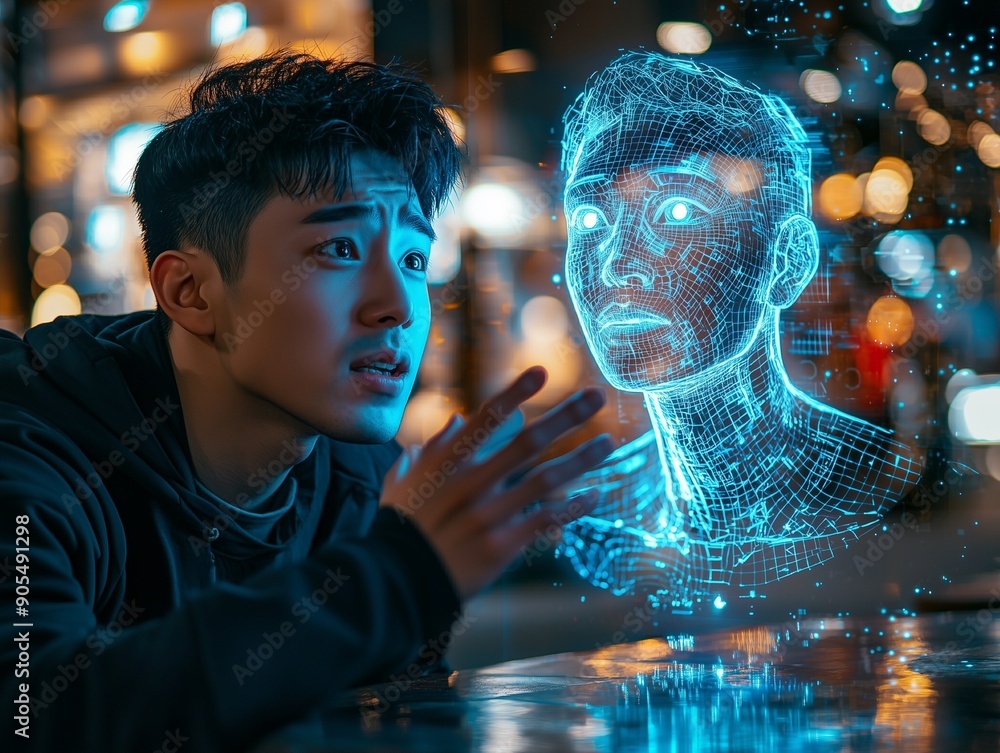 A young Asian man is sitting at a table, talking to an AI hologram of ...