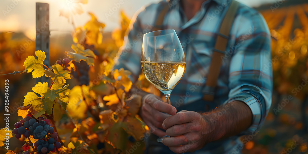 Man Tasting Wine in a Vineyard. Holding a Red Wine Glass in the Grape ...
