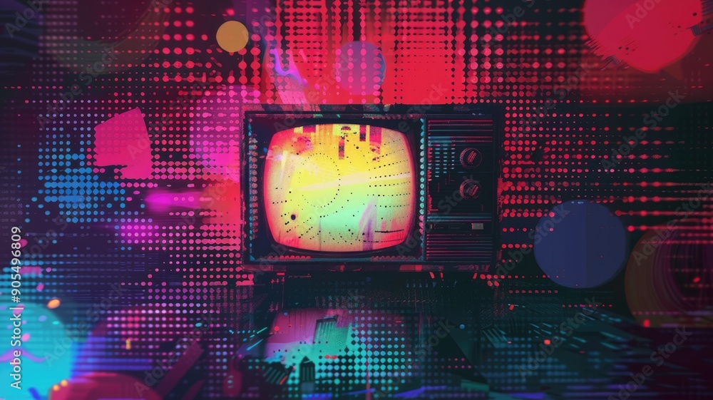 Abstract portrait vintage television rendered in cartoon line style ...