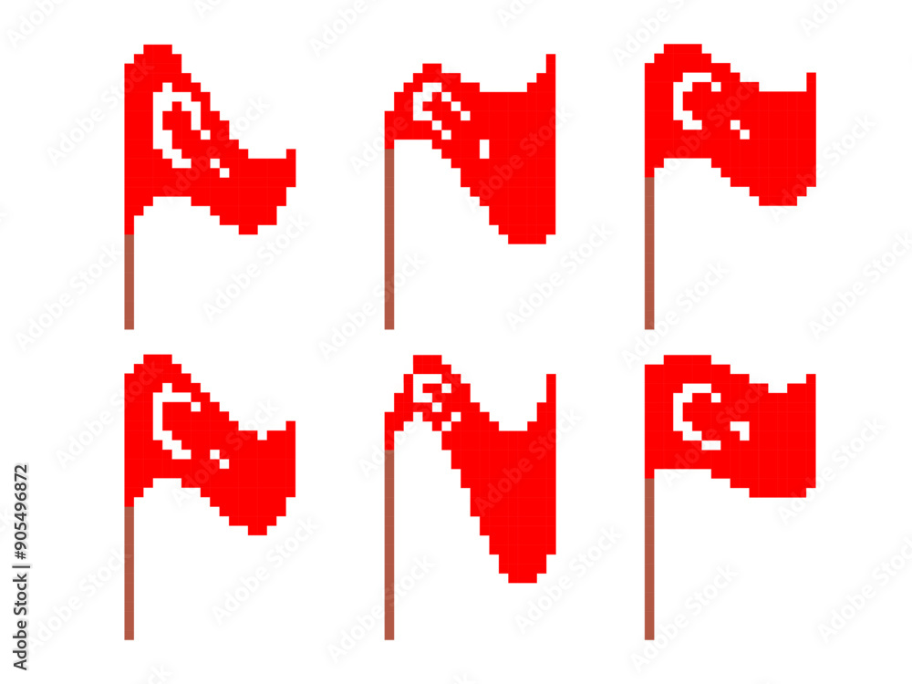 Pixel Turkish flag icon set isolated on white background. Waving flag ...
