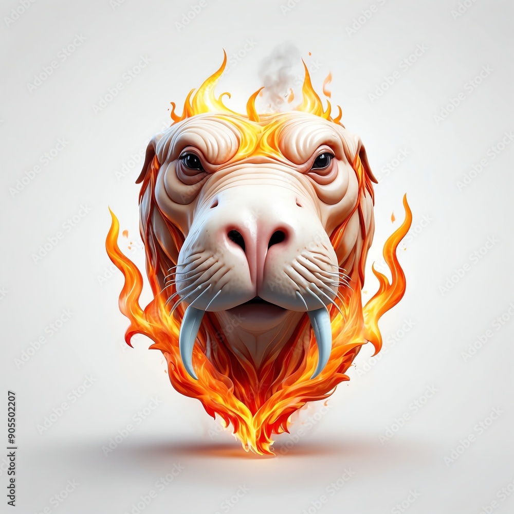 burning flame fire walrus head 3d art logo in plain white background ...