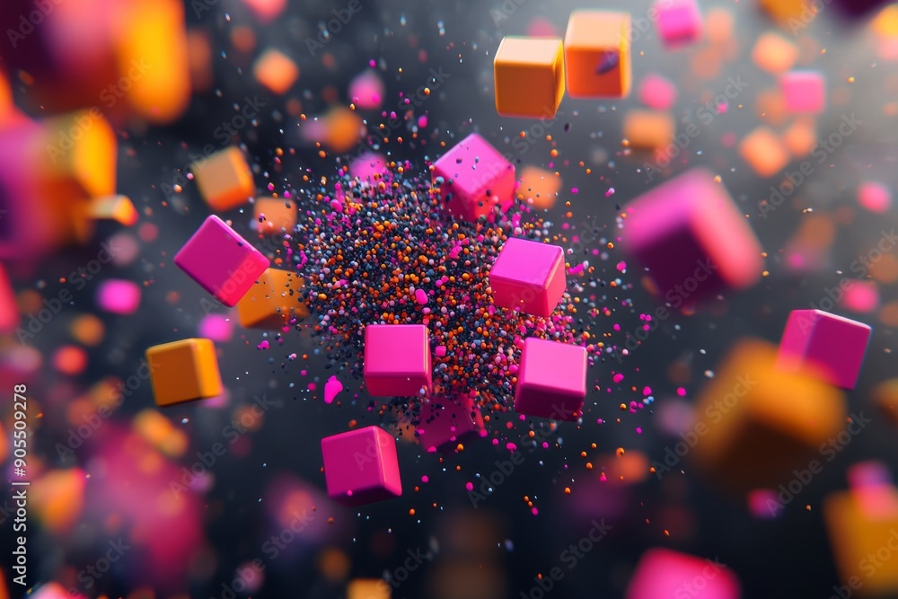 Dynamic explosion of geometric shapes in vivid colors illustrating ...