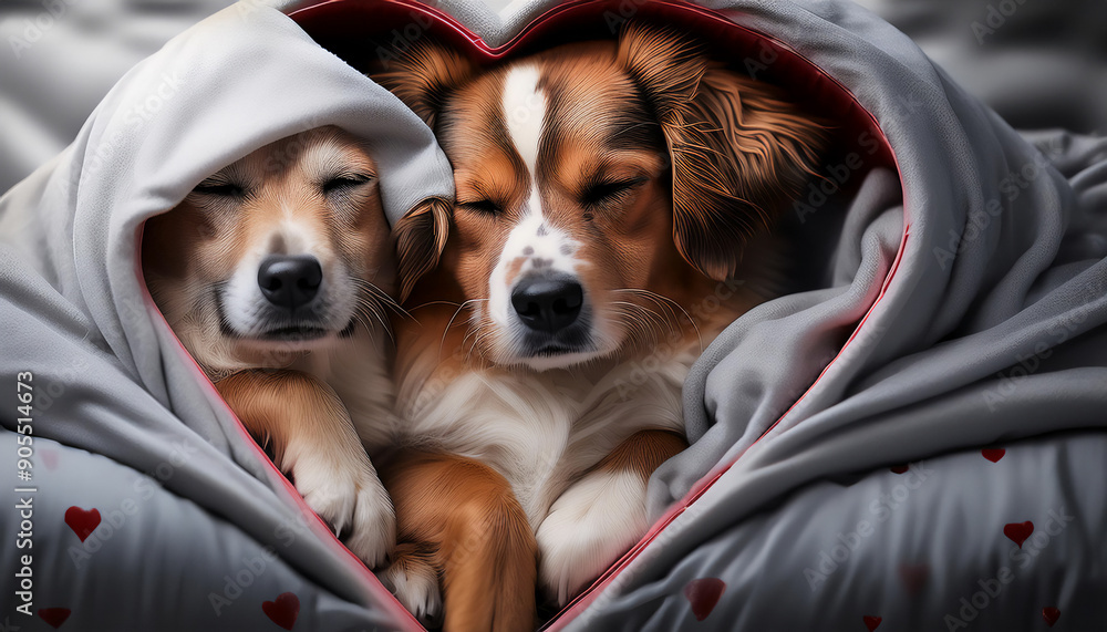 Dogs sleeping together under a white cozy blanket in bed Stock Photo ...