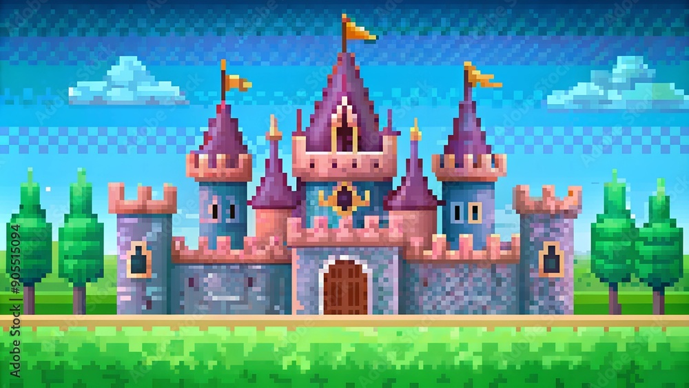 Pixel art castle background. 8-bit game assets Stock Illustration ...