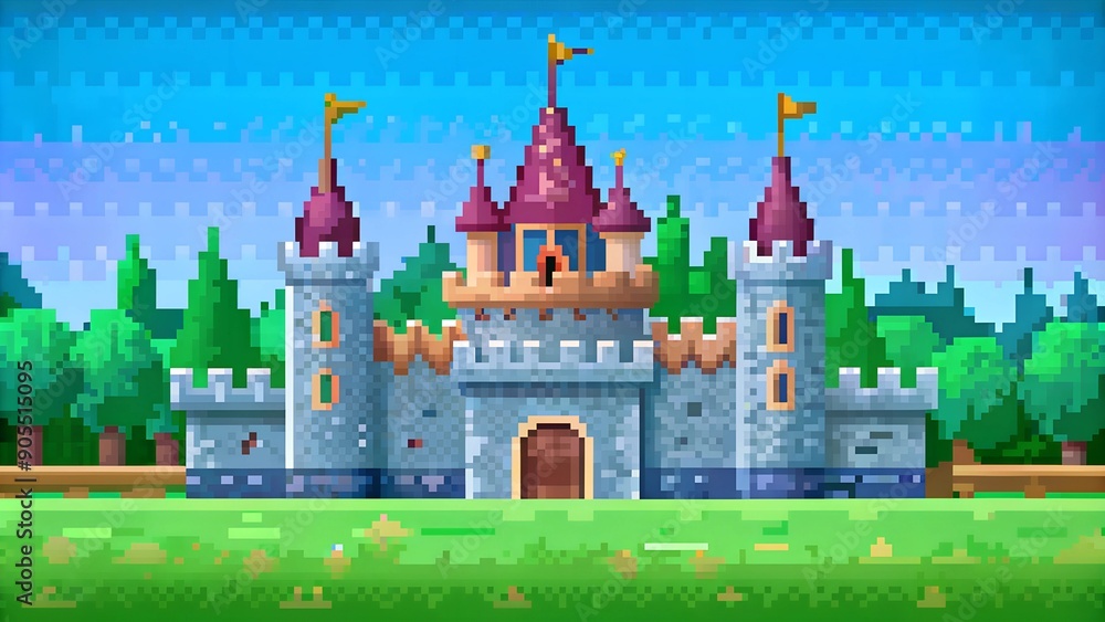 Pixel art castle background. 8-bit game assets Stock Illustration ...