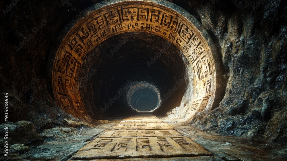 Ancient tunnel with alien writings, rendered in photorealistic detail ...