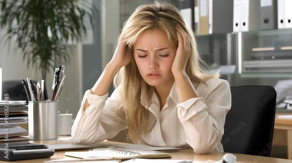 An office worker with a severe headache, sitting at her desk with her ...