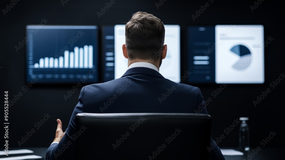 CEO presenting financial results, detailed bar and pie charts on ...