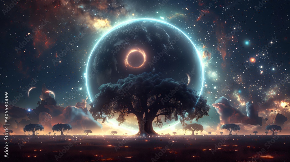 Giant tree stands tall on an alien planet. Surrounded by swirling ...