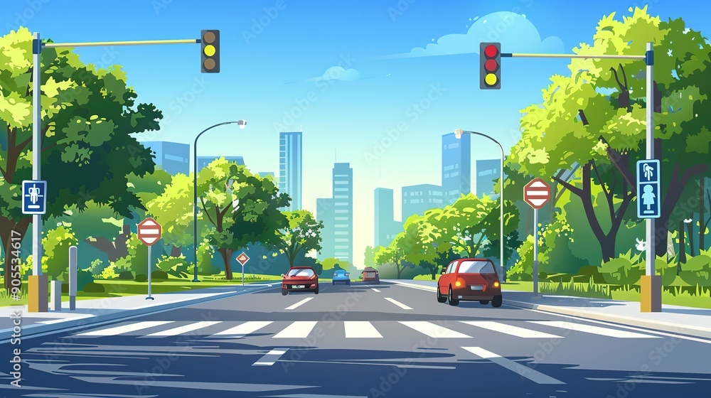 Cartoon summer landscape of city street road with cars, traffic light ...