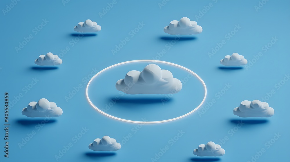 3D render of multiple clouds on a bright blue background with one cloud ...