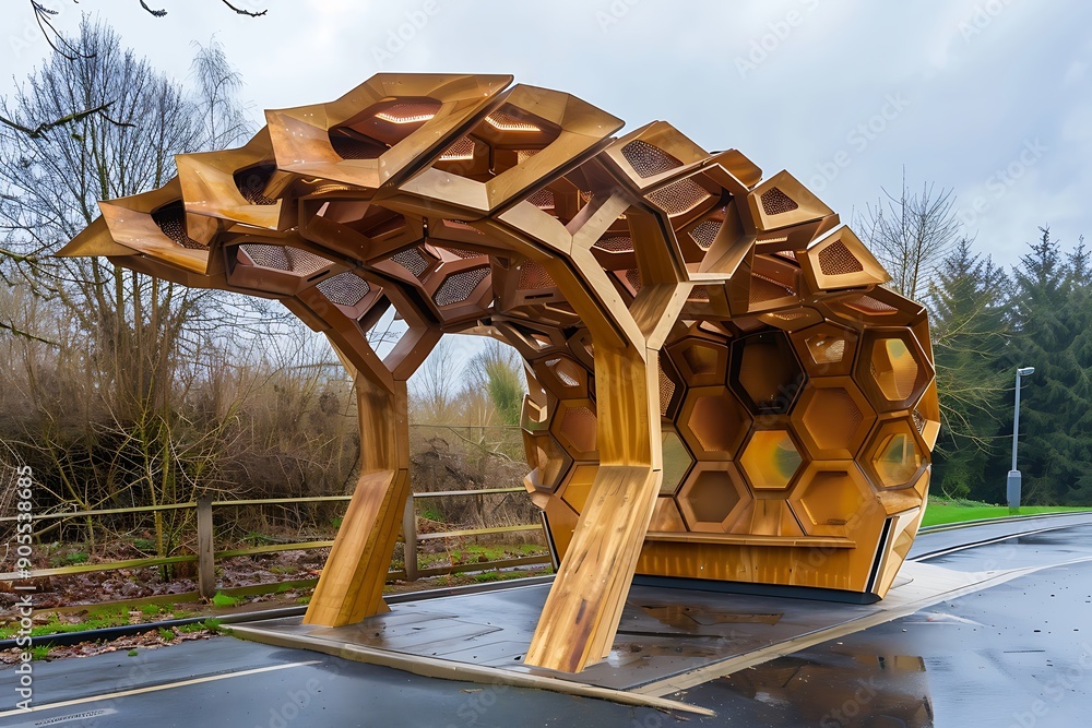 Bus stop with a roof that mimics the structure of a honeycomb ...