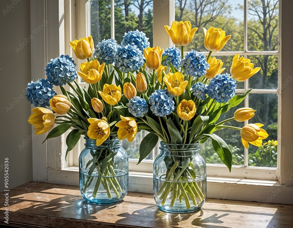 Jar of Nikko Blue Hydrangeas And Yellow Triumph Tulips, Nikko Blue ...