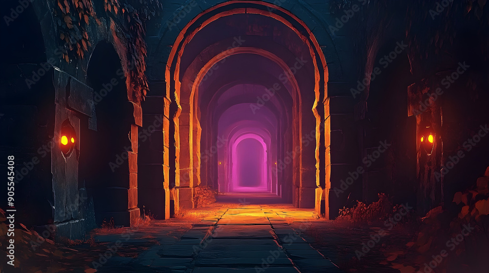 Eerie medieval dungeon corridor, glowing lights, textured stone walls ...