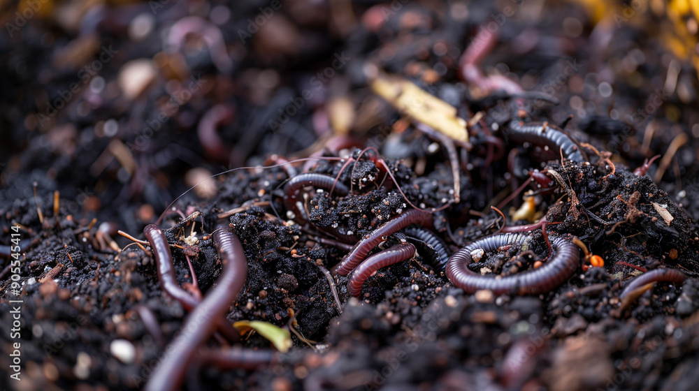 A close-up of worms processing organic matter into compost, showcasing ...