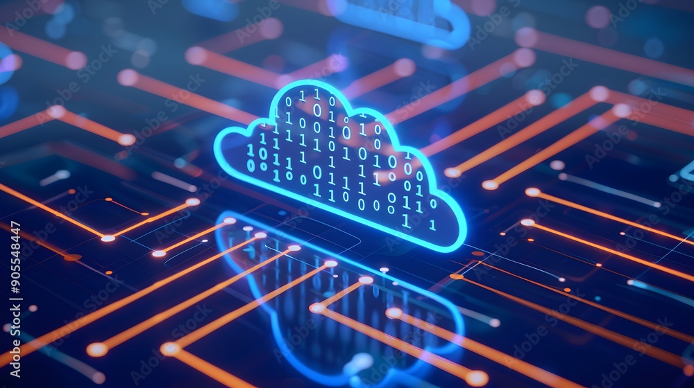 Digital cloud computing visualization with binary code and neon lights ...