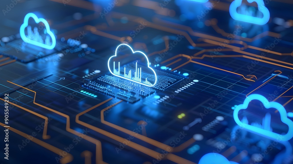Digital Cloud Network Representation With Blue Neon Lights And Circuit Board Layout Signifying