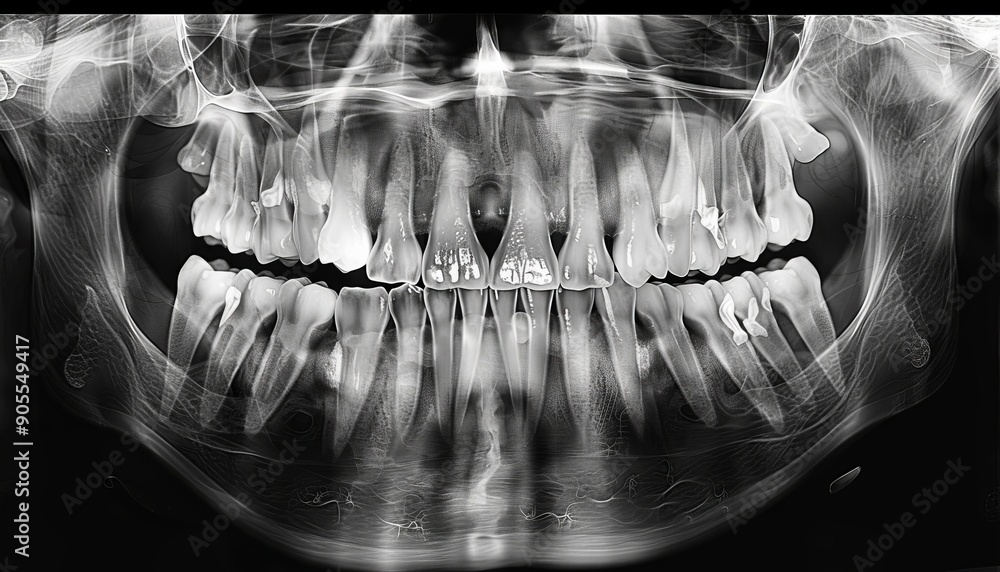 Panoramic view of a digital OPG X-ray film, highlighting wisdom teeth ...