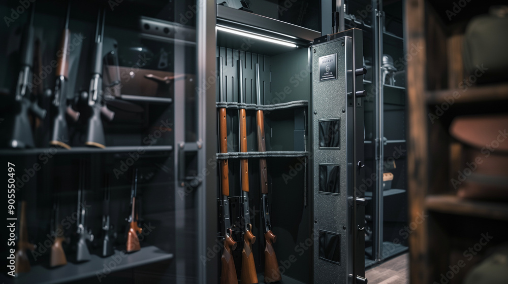 A specialized gun safe designed for storing firearms, shown open with ...