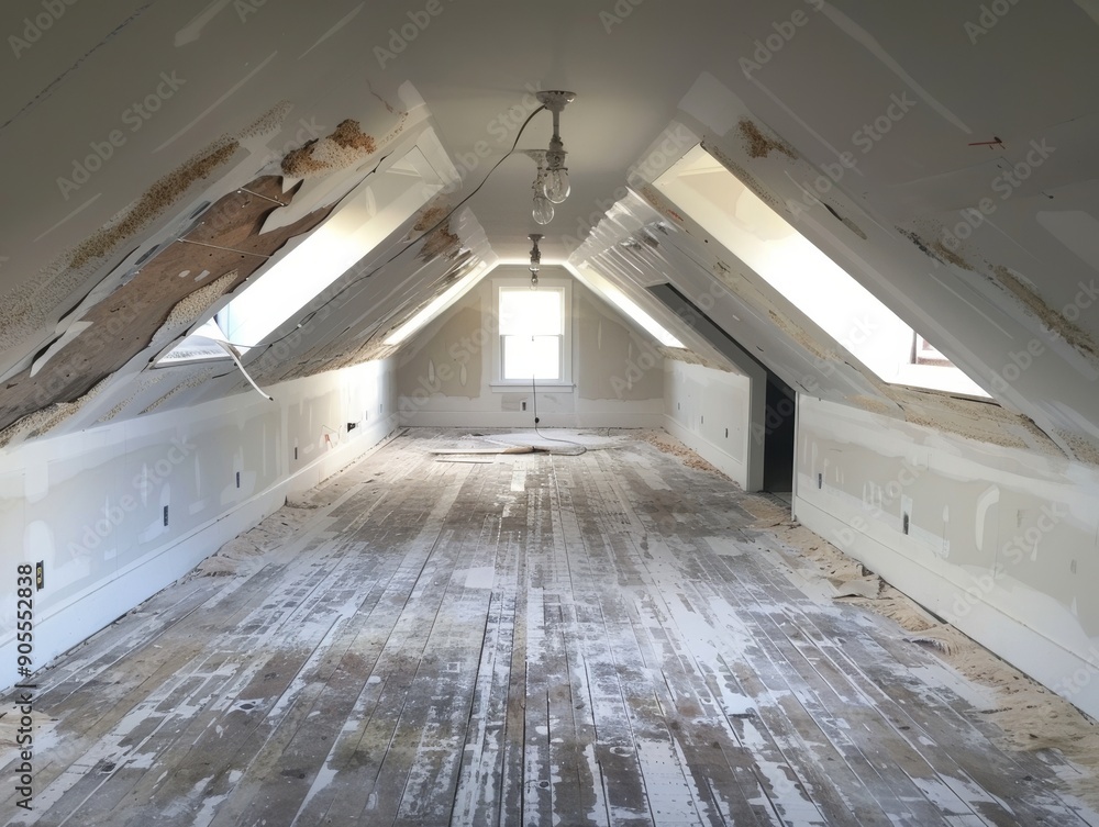 Empty attic with exposed wooden beams and unfinished walls. Sunlight ...