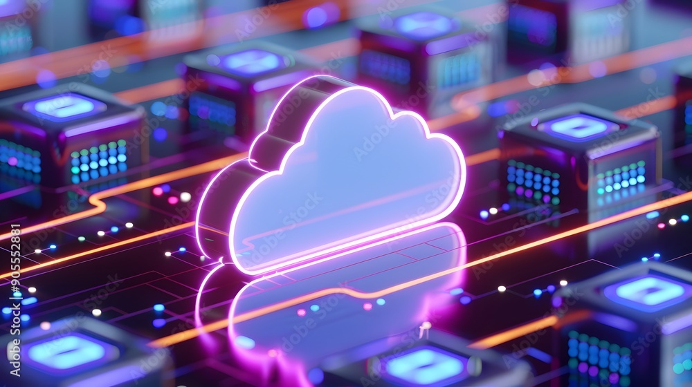 Futuristic cloud computing and data storage concept with neon aesthetic ...