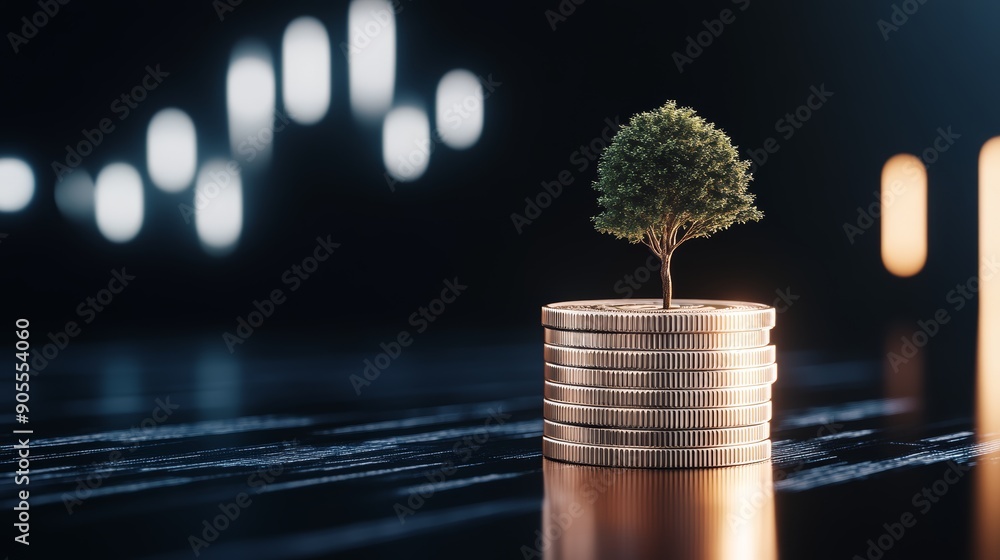 Growing tree on coin, holographic financial growth, futuristic setting ...