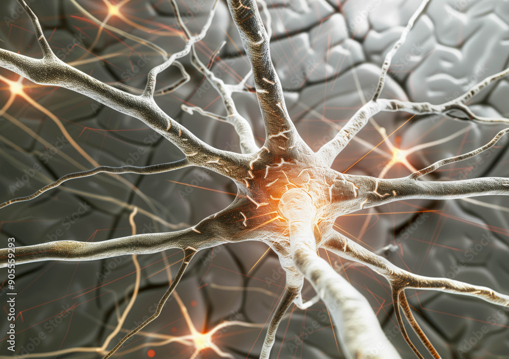 Neuron firing in the brain, with electrical impulses traveling down the ...