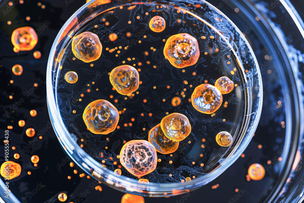 Stem cell culture in a laboratory dish, with cells dividing and ...