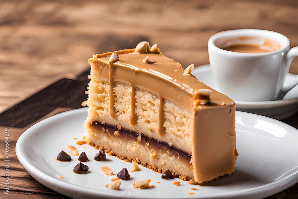 Slice of peanut butter cake on casual coffee shop table background for ...