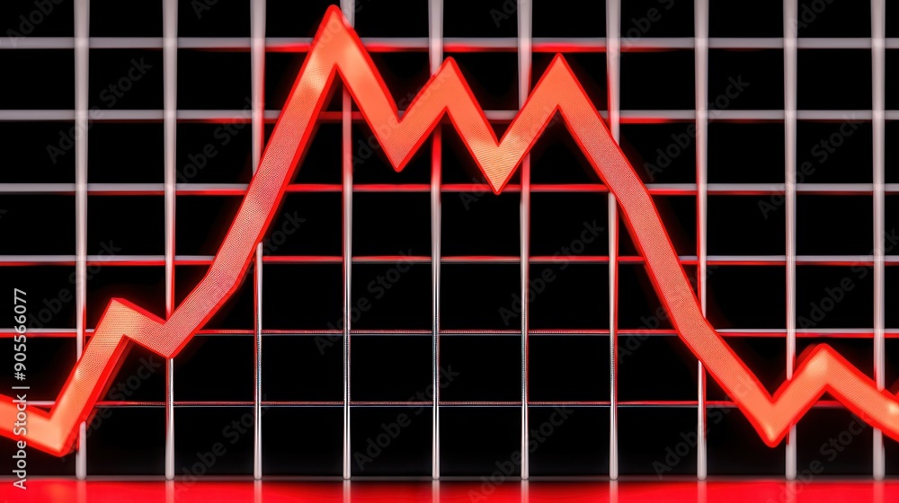 A striking red line graph shows a downward trend against a grid ...