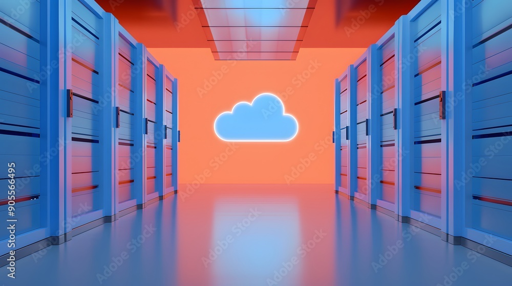 Modern data center with blue server racks and cloud icon representing ...