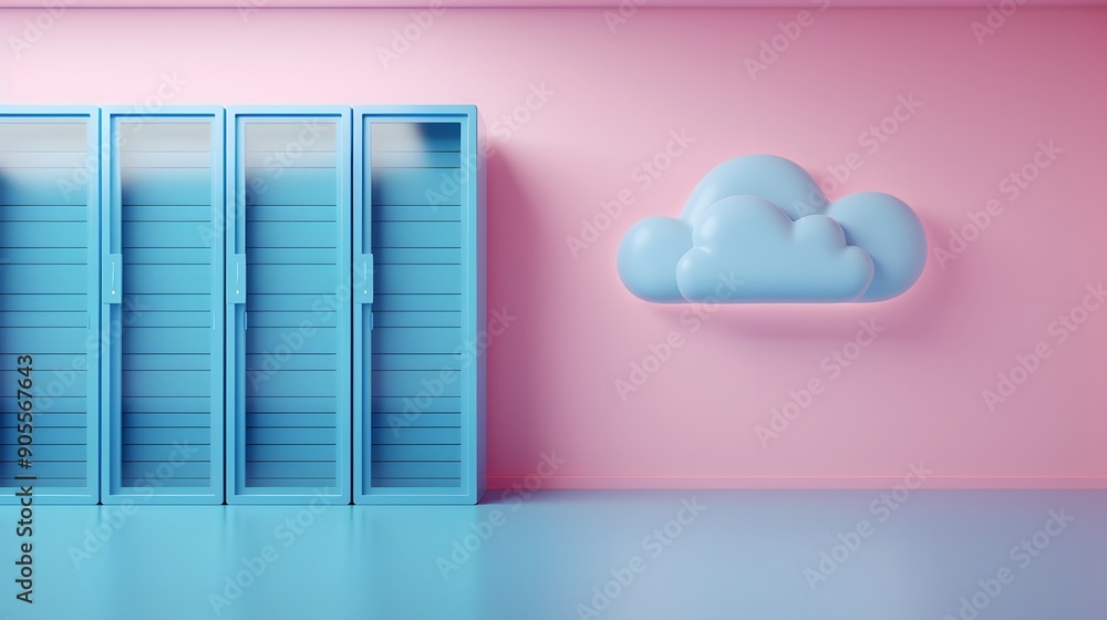 Modern pastel colored room with blue lockers and a cloud wall decor ...