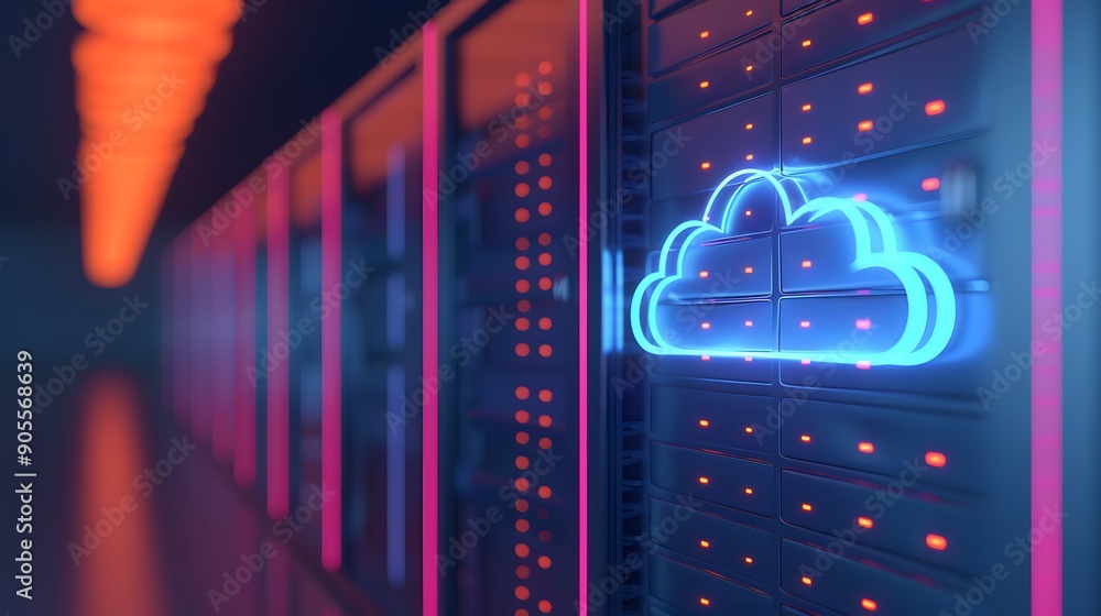 Neon cloud icon on a modern server rack in a data center, symbolizing ...