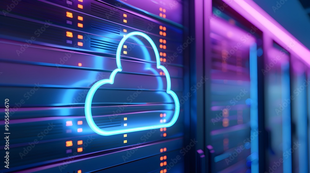 Neon cloud icon on server rack in data center, representing cloud computing and data storage ...