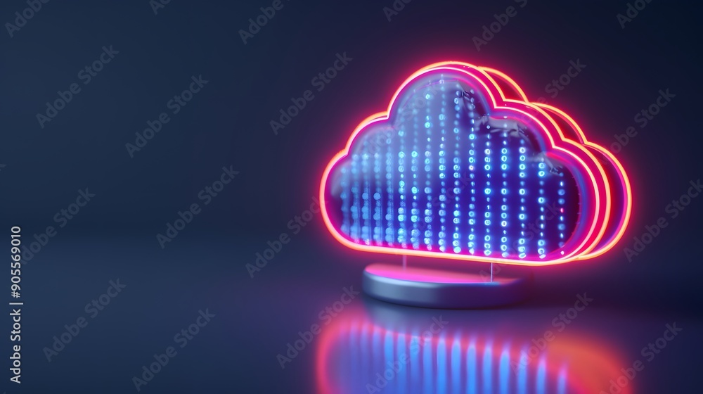 Neon cloud sign with binary code, representing digital cloud computing, data storage, and ...