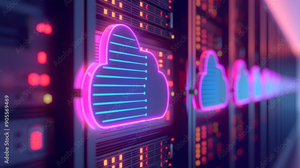 Neon glowing cloud icons on server racks representing cloud computing and data storage ...