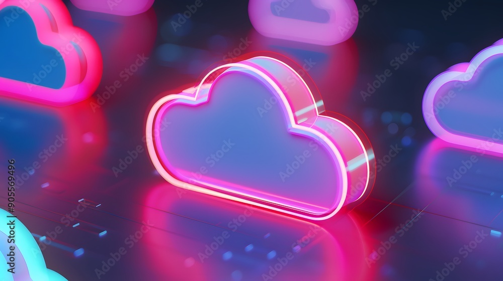 Neon glowing cloud symbols representing cloud computing and digital ...