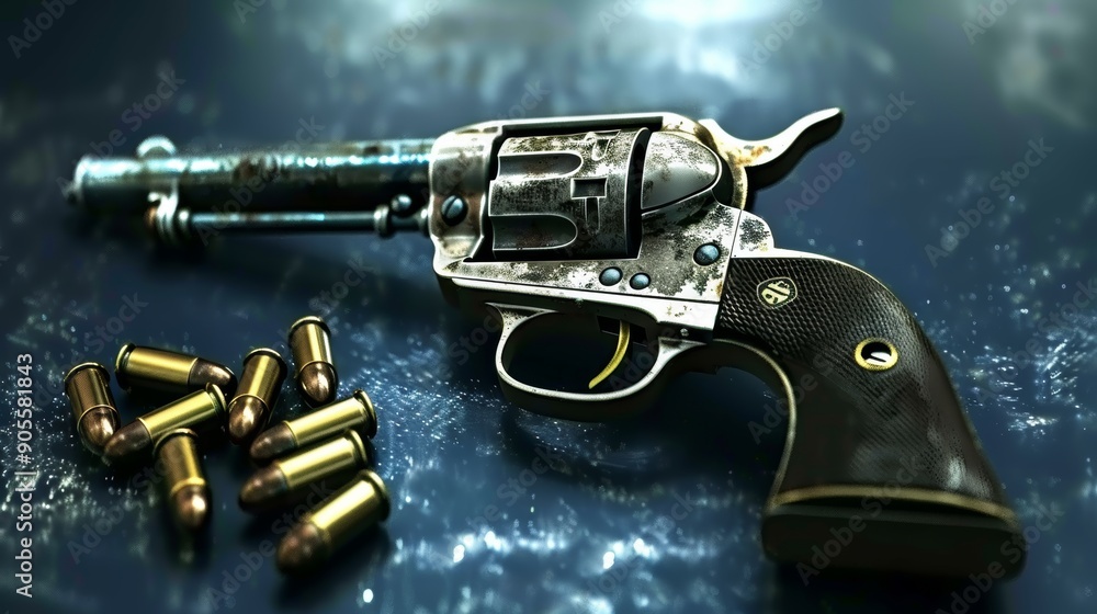 Antique colt revolver and bullets in 3d on dark blue studio background ...