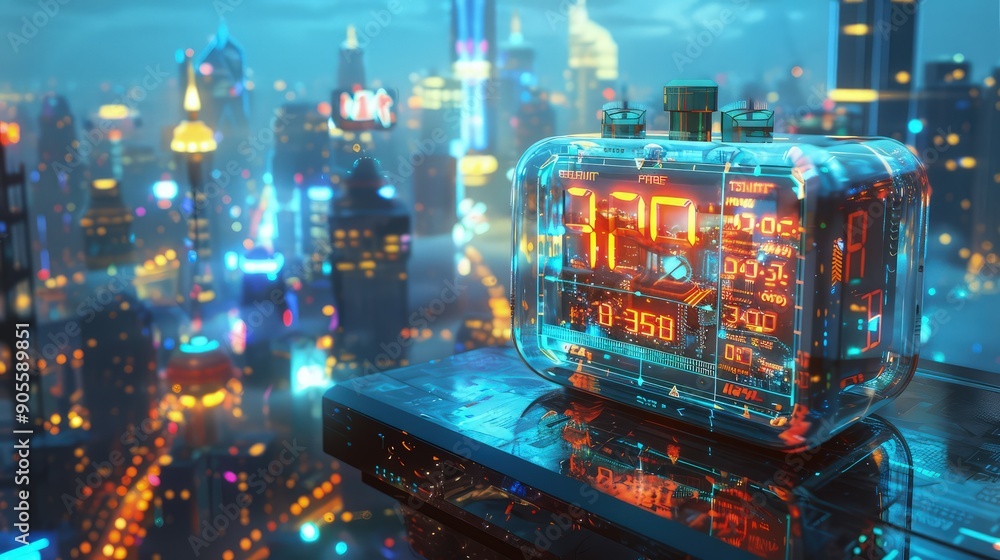 A futuristic alarm clock with a transparent display on a background ...