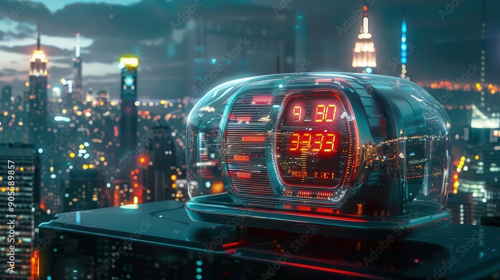 A futuristic alarm clock with a transparent display on a background ...