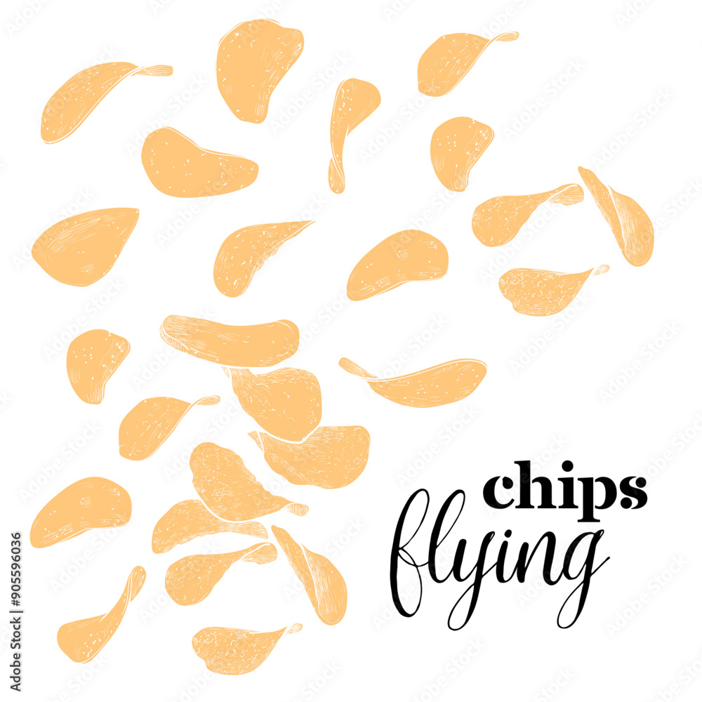Hand drawn vector flying chips. Yellow fill crisps on white background ...