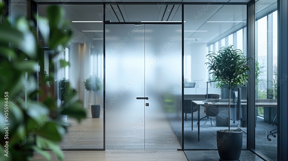 Modern Office Lobby with Glass Walls and Lush Green Plants – Stylish ...