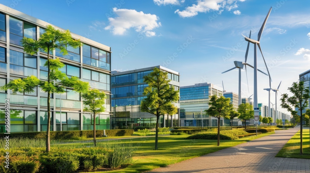 Sustainable corporate office park with energy-efficient design, wind ...