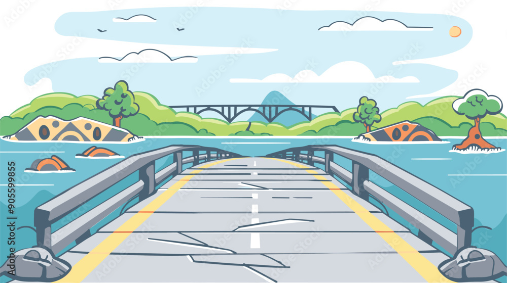 Wooden pier leading tranquil water, sun sky, broken bridge, flooding ...