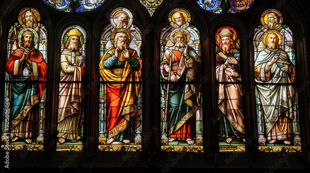 Stained glass depictions of saints and biblical figures, illustrating ...