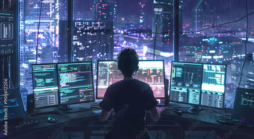 Young Prodigy Debugging Code in High-Tech Room with Multiple Screens and Complex Algorithms ...