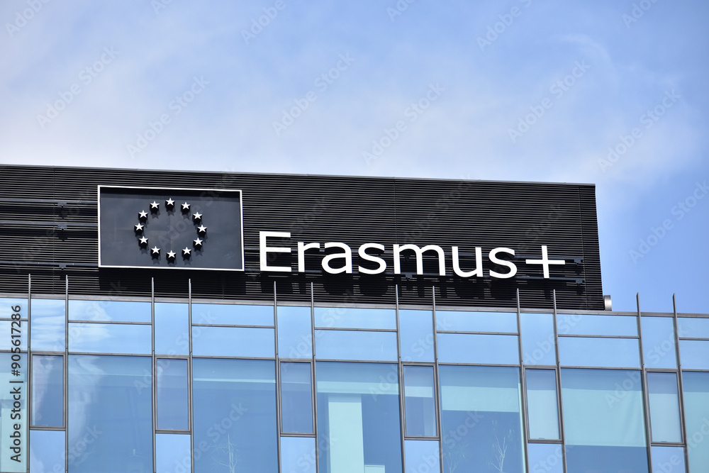 Erasmus+ logo, emblem, signage on the facade. Student exchange ...