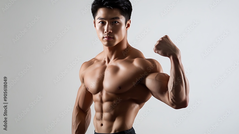 A well-built Asian man performing a bodybuilding pose to emphasize his ...